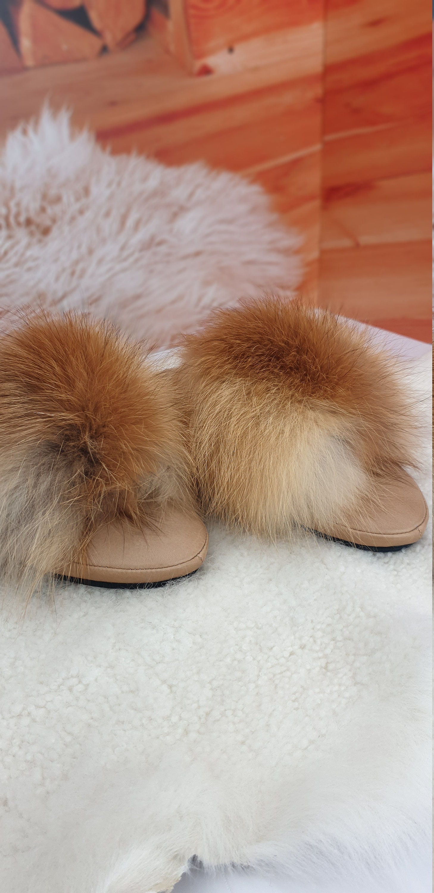 Women Fox Fur Leather House Slippers Open Toe Home Shoes Furry - Etsy