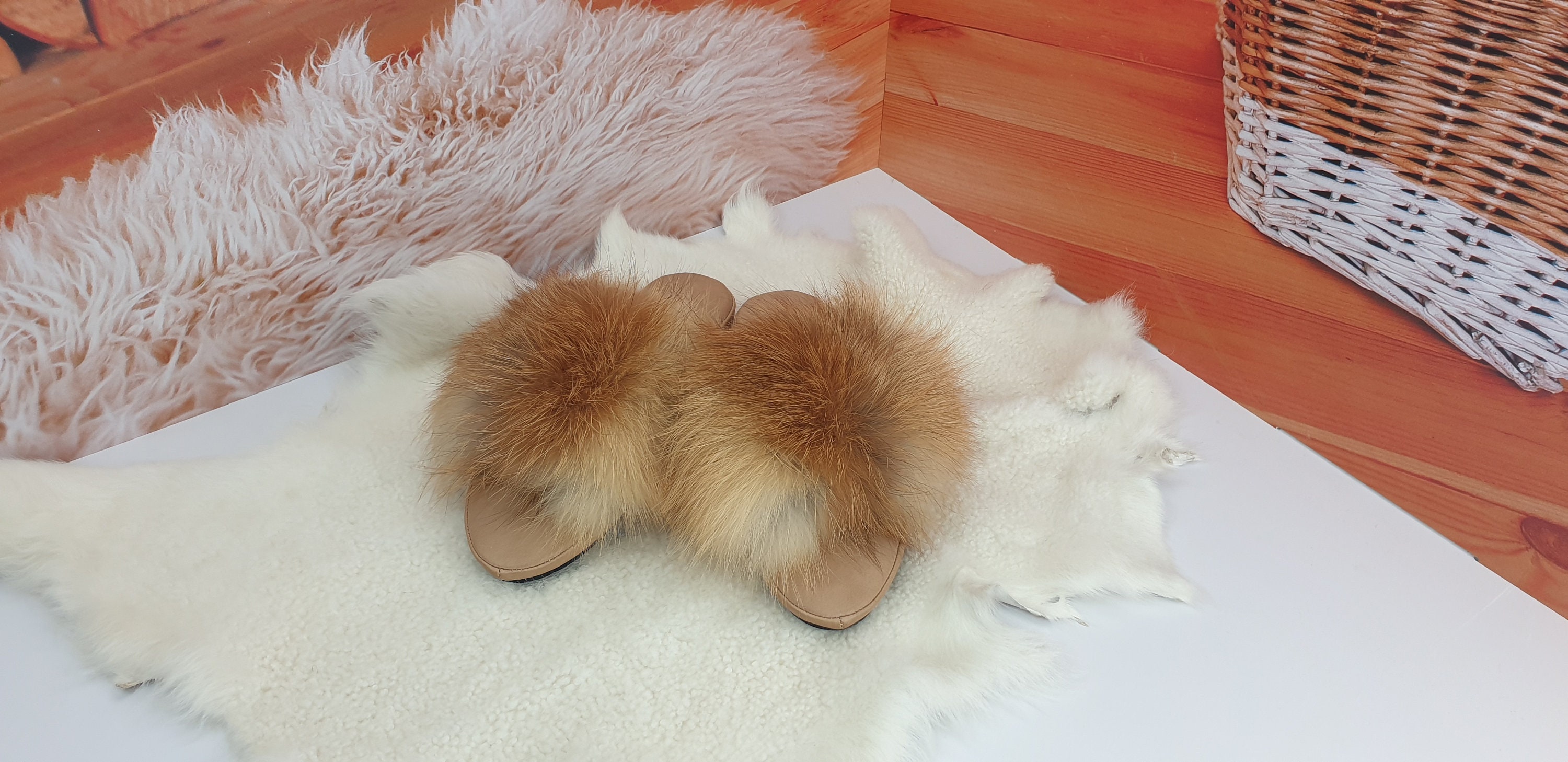 Women Fox Fur Leather House Slippers Open Toe Home Shoes Furry - Etsy