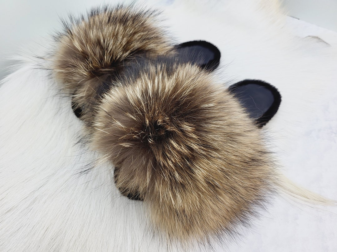 Raccoon Women Leather Slippers, House Real Fur Slippers, Open Toe ...