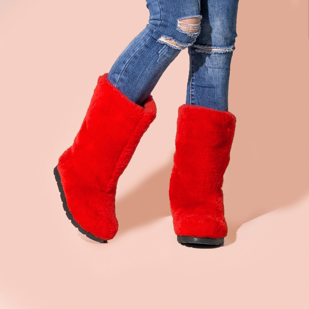 Red Sheep Wool Winter Fur Women Boots Eskimo Boots Mukluks Cozy Double ...