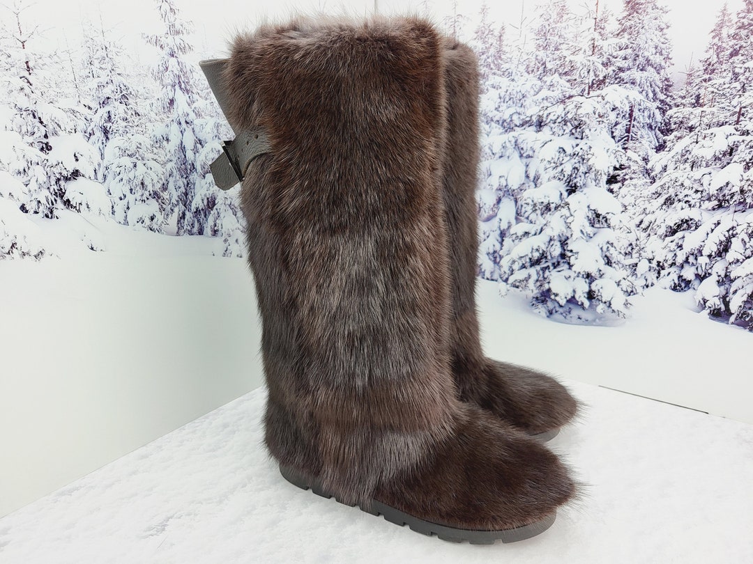 Tall Waterproof Winter Real Fur Boots for Women Musk Beaver Snow Boots ...