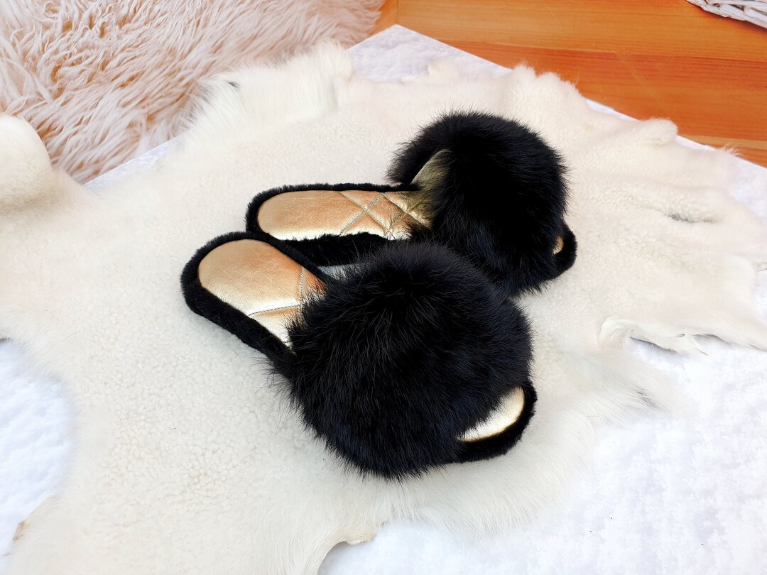 Black House Open Toe Women Fur Slippers Home Shoes Gift for Her - Etsy