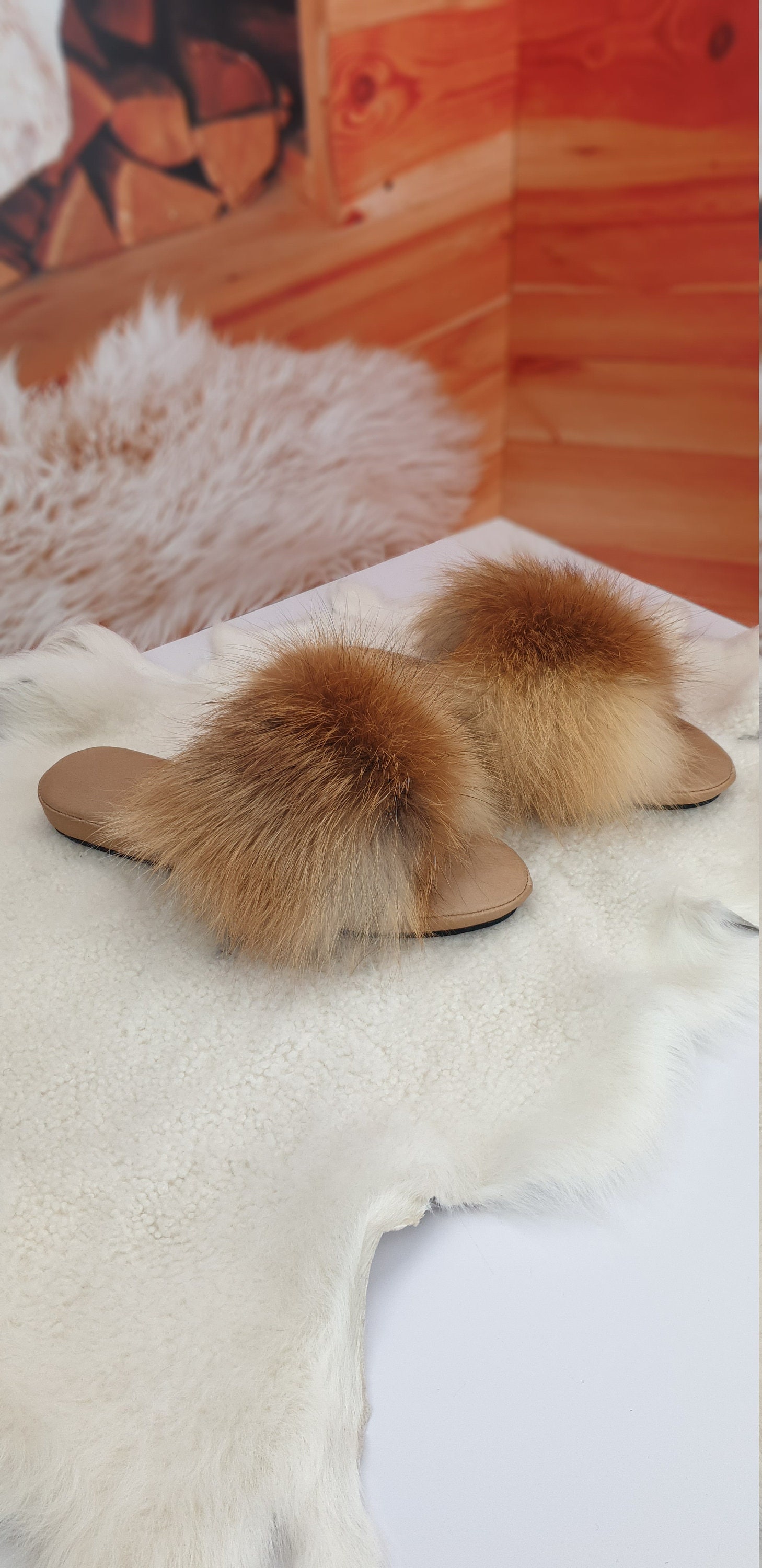Women Fox Fur Leather House Slippers Open Toe Home Shoes Furry - Etsy