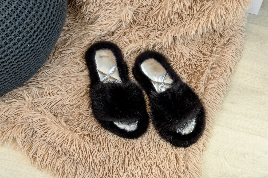 Women's House Shoes Slippers Leather Slippers Black | Etsy