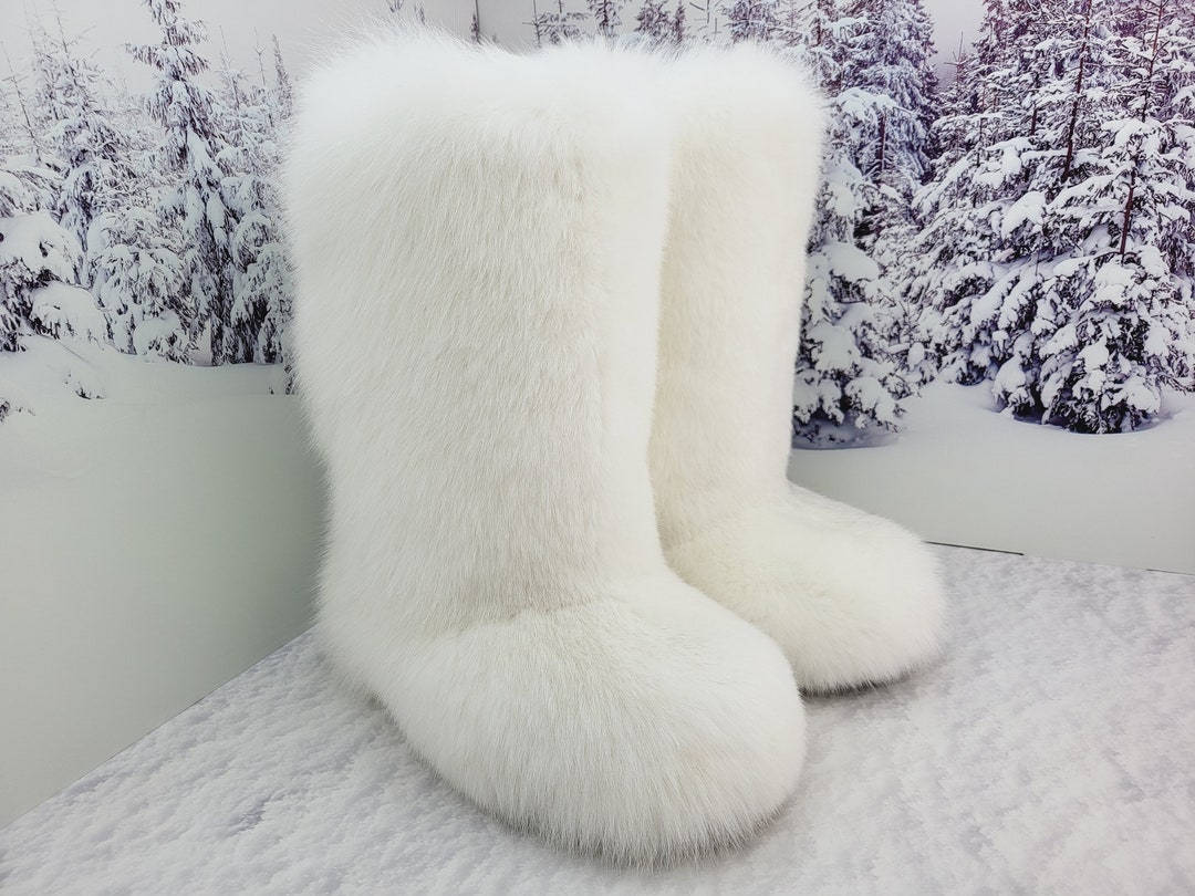 Men White Real Polar Fox Fur Boots Blue Ice Fox Winter Boots Furry Men ...