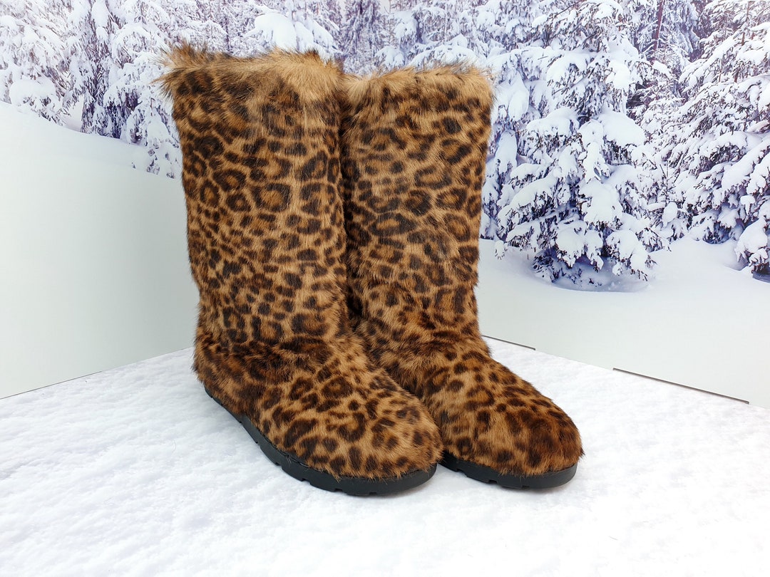 Leopard Print Winter Fur Boots for Women, Genuine Fur Boots, Pony Fur ...