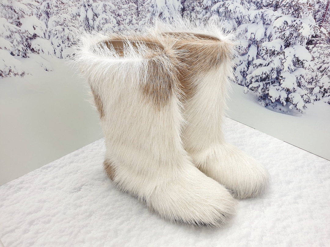 41 EU Real White Brown Goat Fur Snow Boots for Women 10 US Eskimo Boots ...