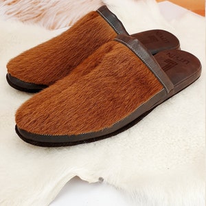 Brown Slippers, Men's House Shoes, Leather Slippers,natural Color Fur ...
