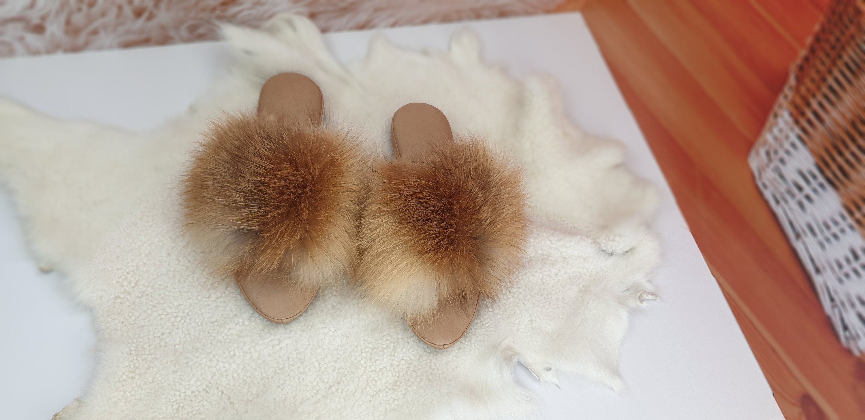 Women Fox Fur Leather House Slippers Open Toe Home Shoes Furry - Etsy