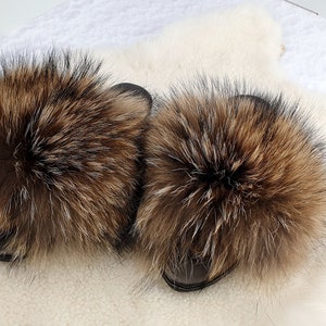Raccoon Women Slippers, Slippers, Leather Slippers, Natural Colour Fur ...