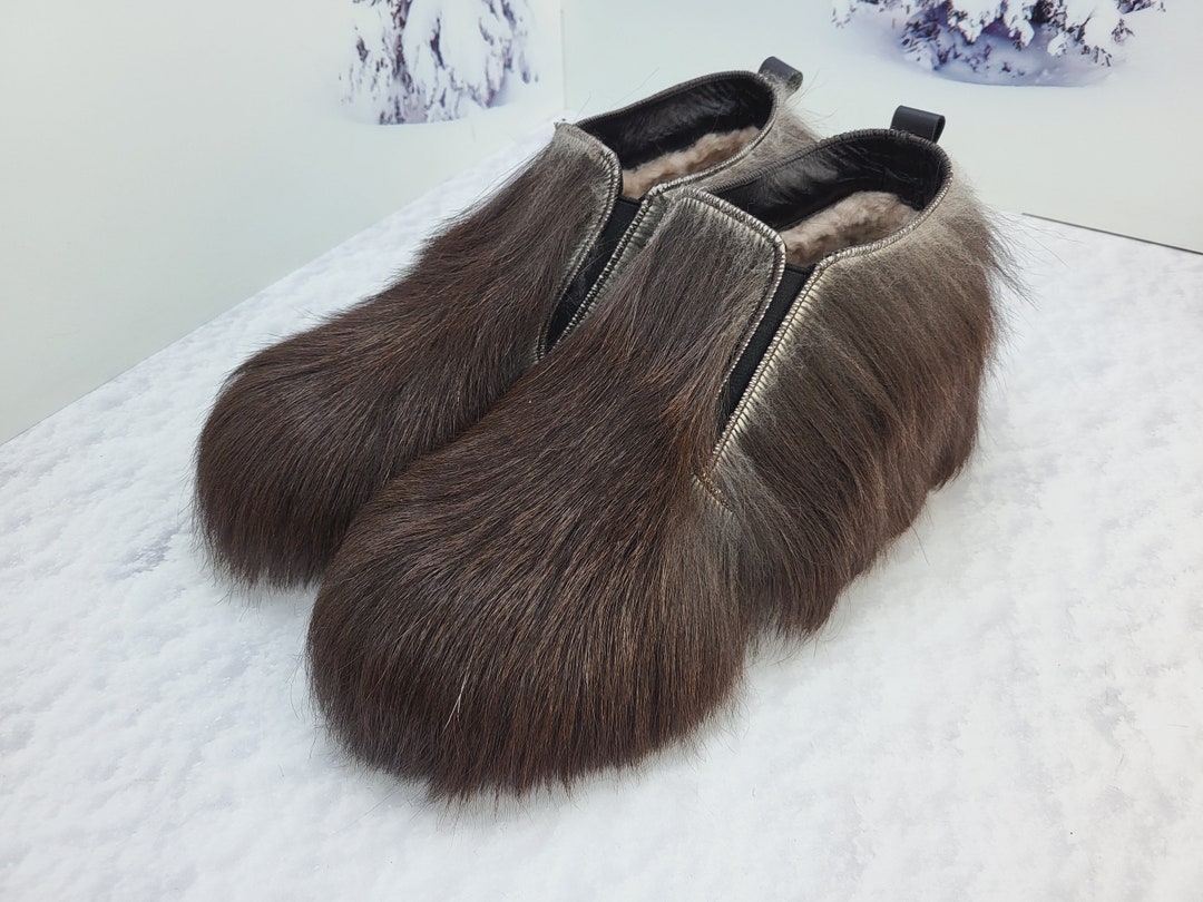 Yeti Foot Men's Winter Ankle Real Fur Boots Long Brown Goat Fur Boots ...