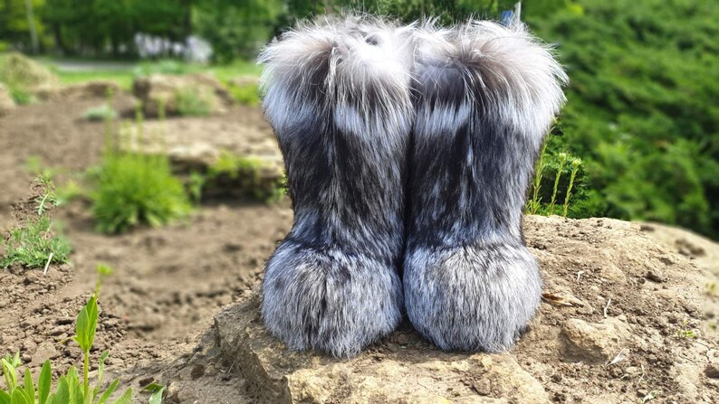 Gray Silver Fox Fur Boots Exclusive Winter Boots for Women | Etsy