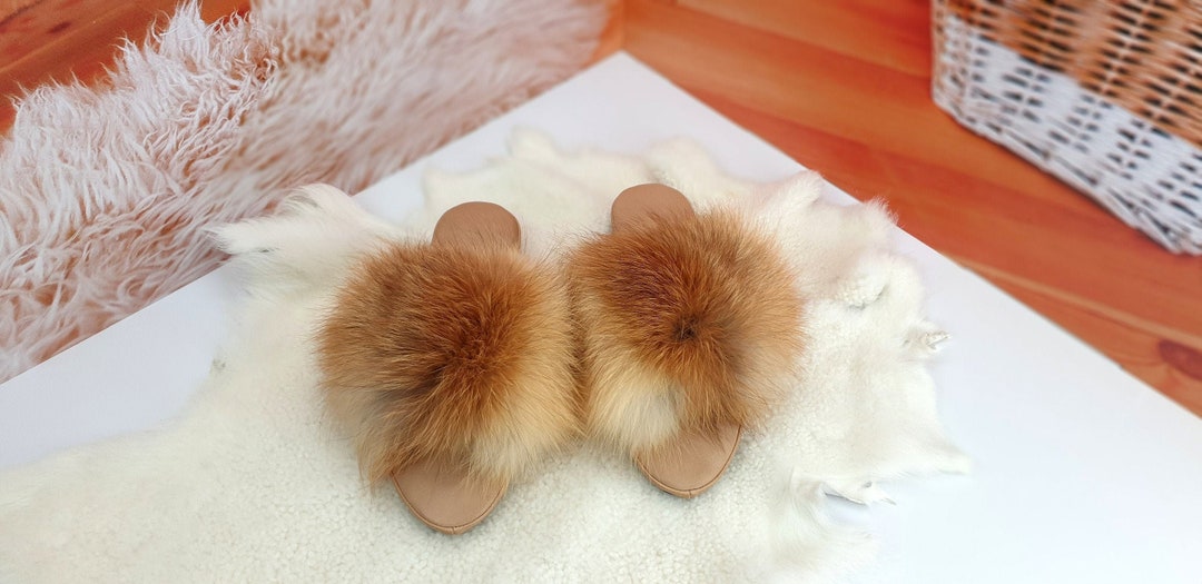 Women Fox Fur Leather House Slippers Open Toe Home Shoes Furry House ...