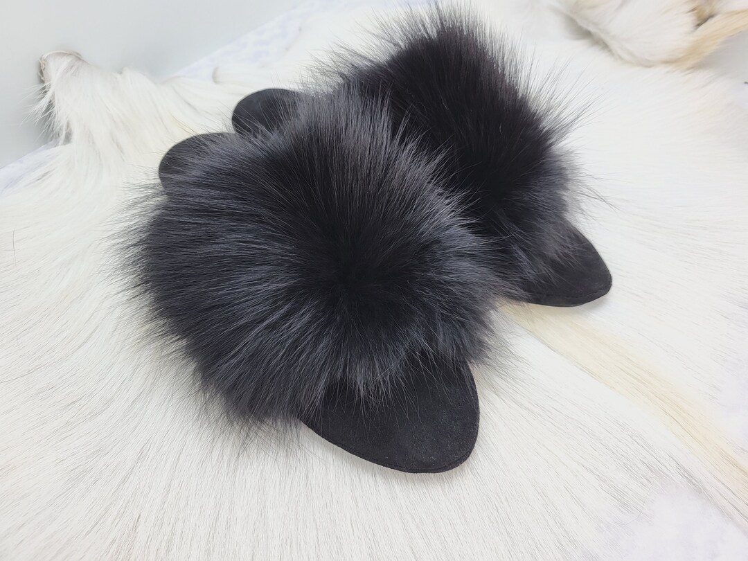 Women Black Fox Fur Leather House Slippers Open Toe Home Shoes Furry ...