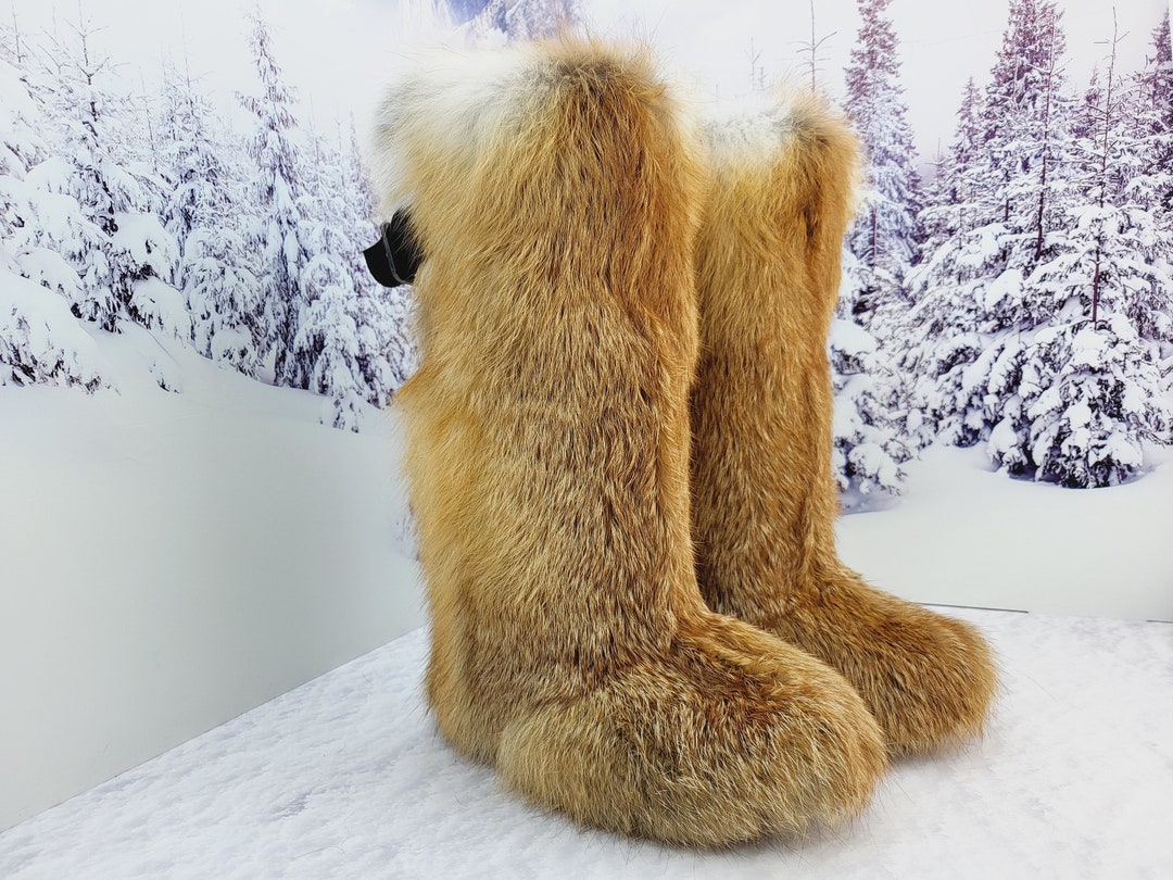 High Fox Fur Long Boots, Womens Genuine Red Fox Fur Boots, Furry Snow ...