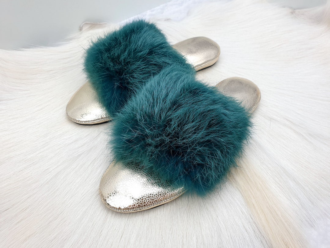 Green Gold Women House Leather Slippers Open Toe Slippers - Etsy