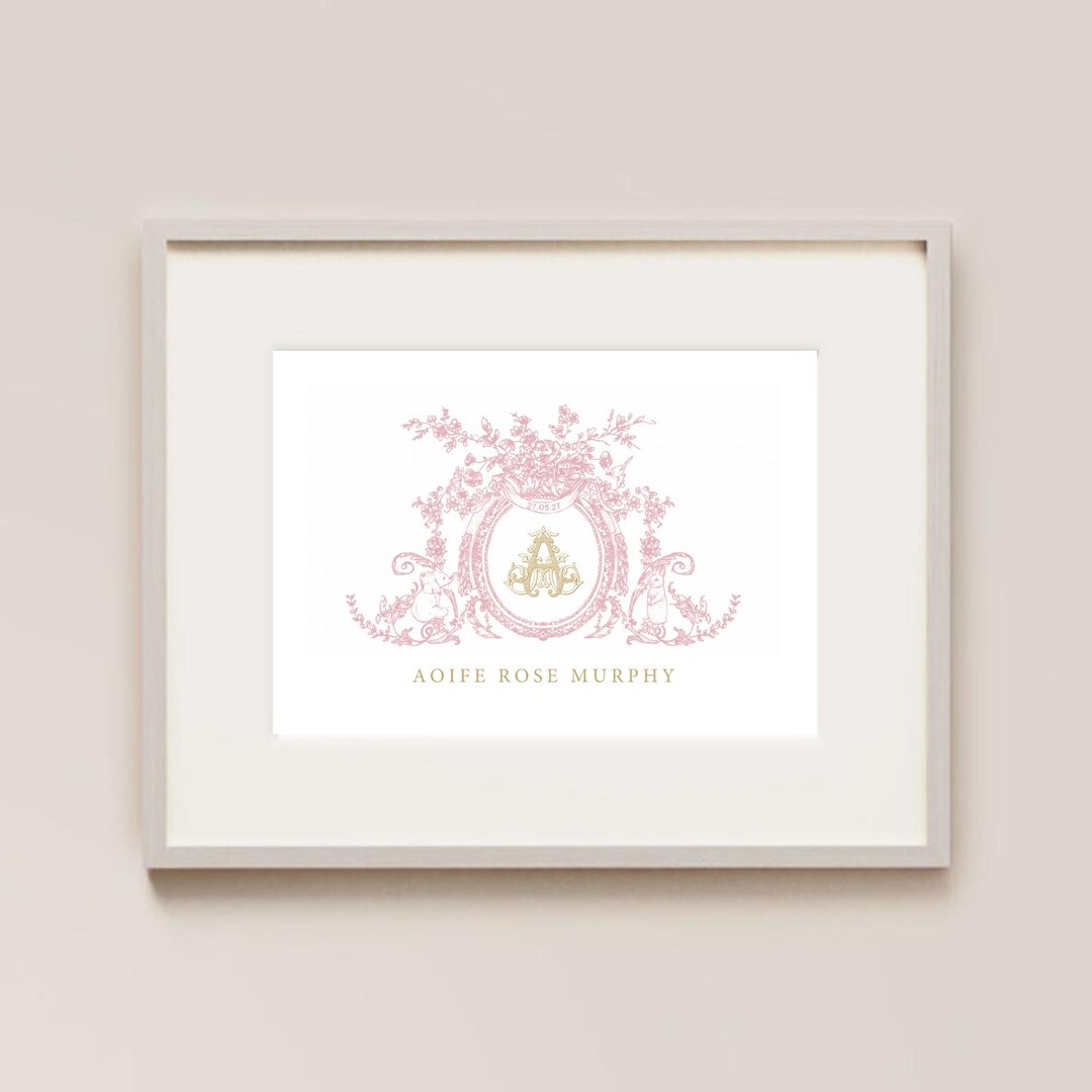 Classic Pink Crest Personalised Nursery Art: Hand-drawn Baby Initial ...