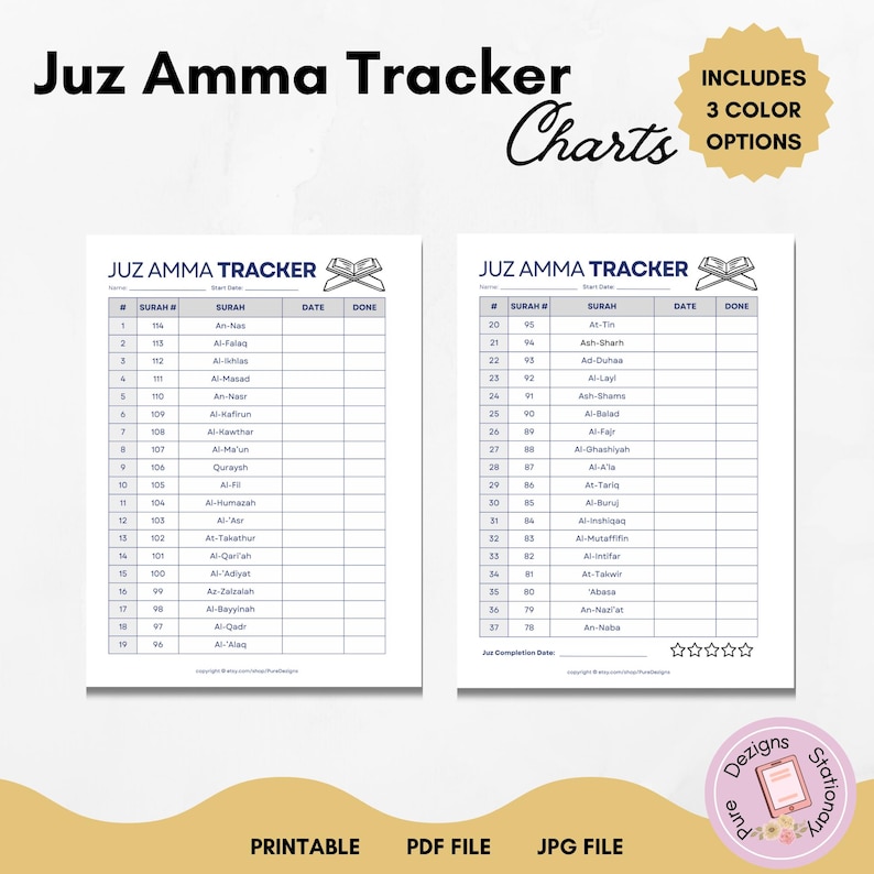 Juz Amma Tracker Printable: Quran Chart for Muslim Kids (digital ...