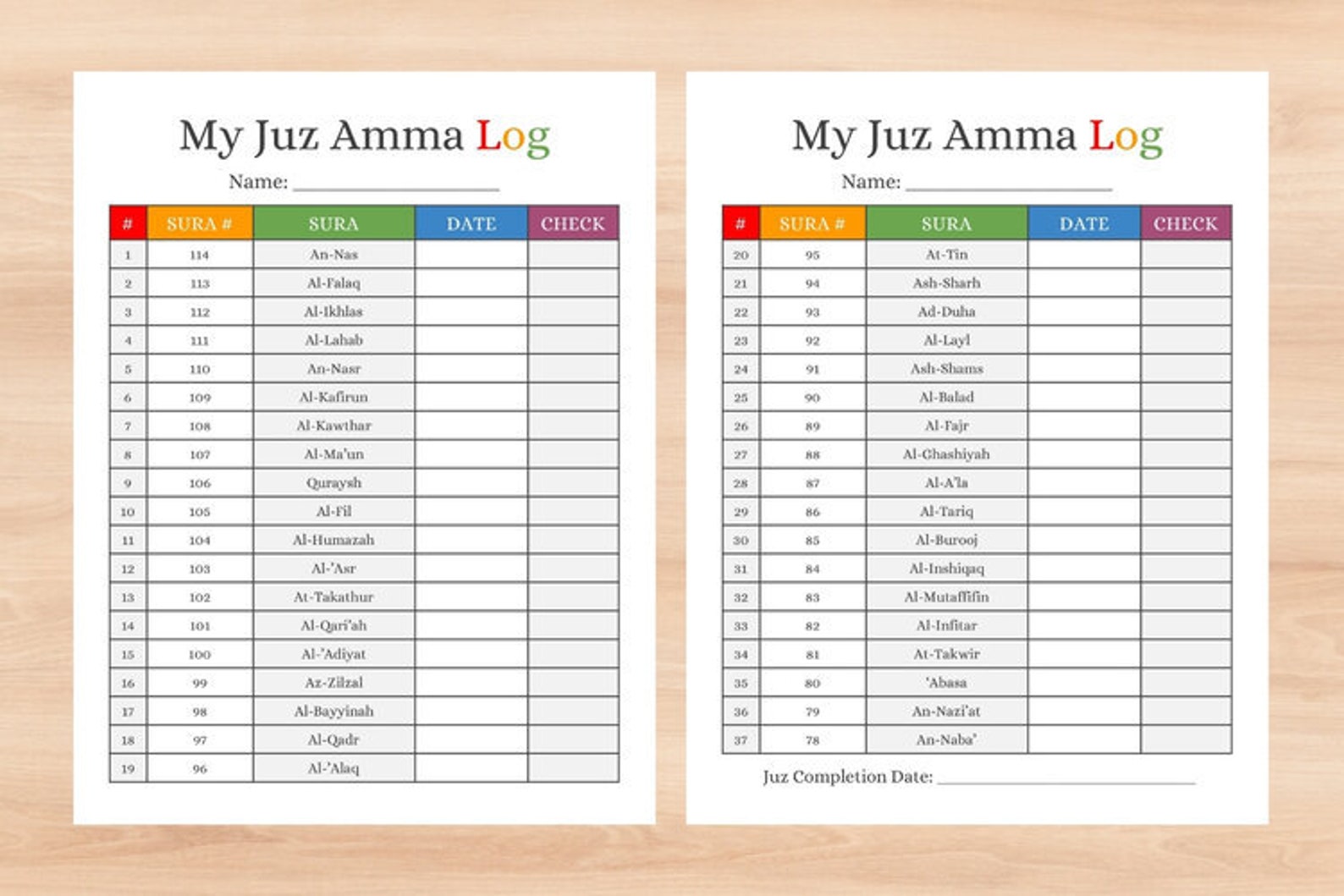 Printable Juz Amma Quran Log Charts for Muslim Kids in 3 Color Choices ...