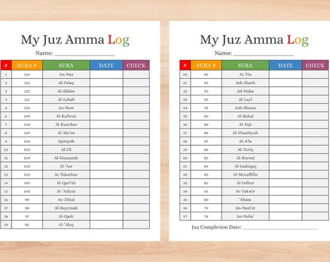 Printable Juz Amma Quran Log Charts for Muslim Kids in 3 Color Choices ...