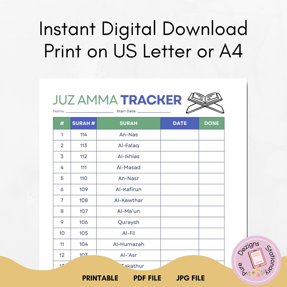 Juz Amma Tracker Printable: Quran Chart for Muslim Kids (digital ...