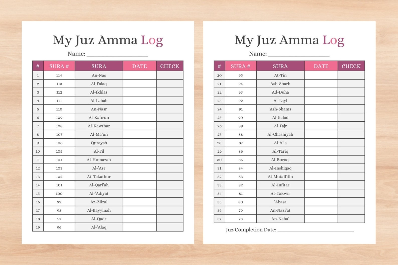 Printable Juz Amma Quran Log Charts for Muslim Kids in 3 Color Choices ...