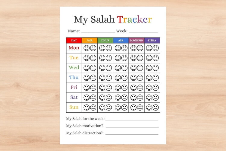 Printable Salah Tracker Charts for Muslim Kids in 3 Color Choices for ...