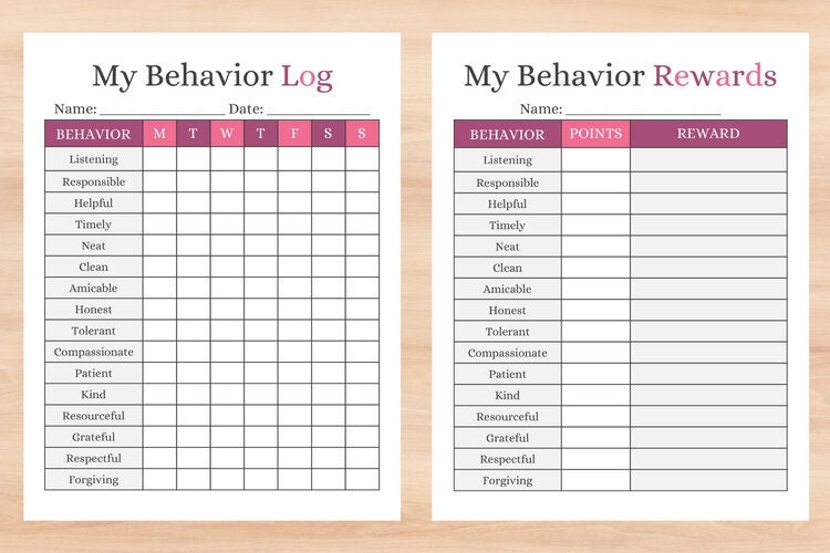 Printable Behavior Log Reward Chart Sets for Kids in Multicolor, Blue ...