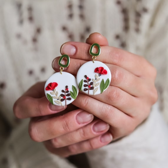 Boho Floral Speckled White Polymer Clay Earrings. Jewelry. Flowers. Wheels. Green Etsy UK