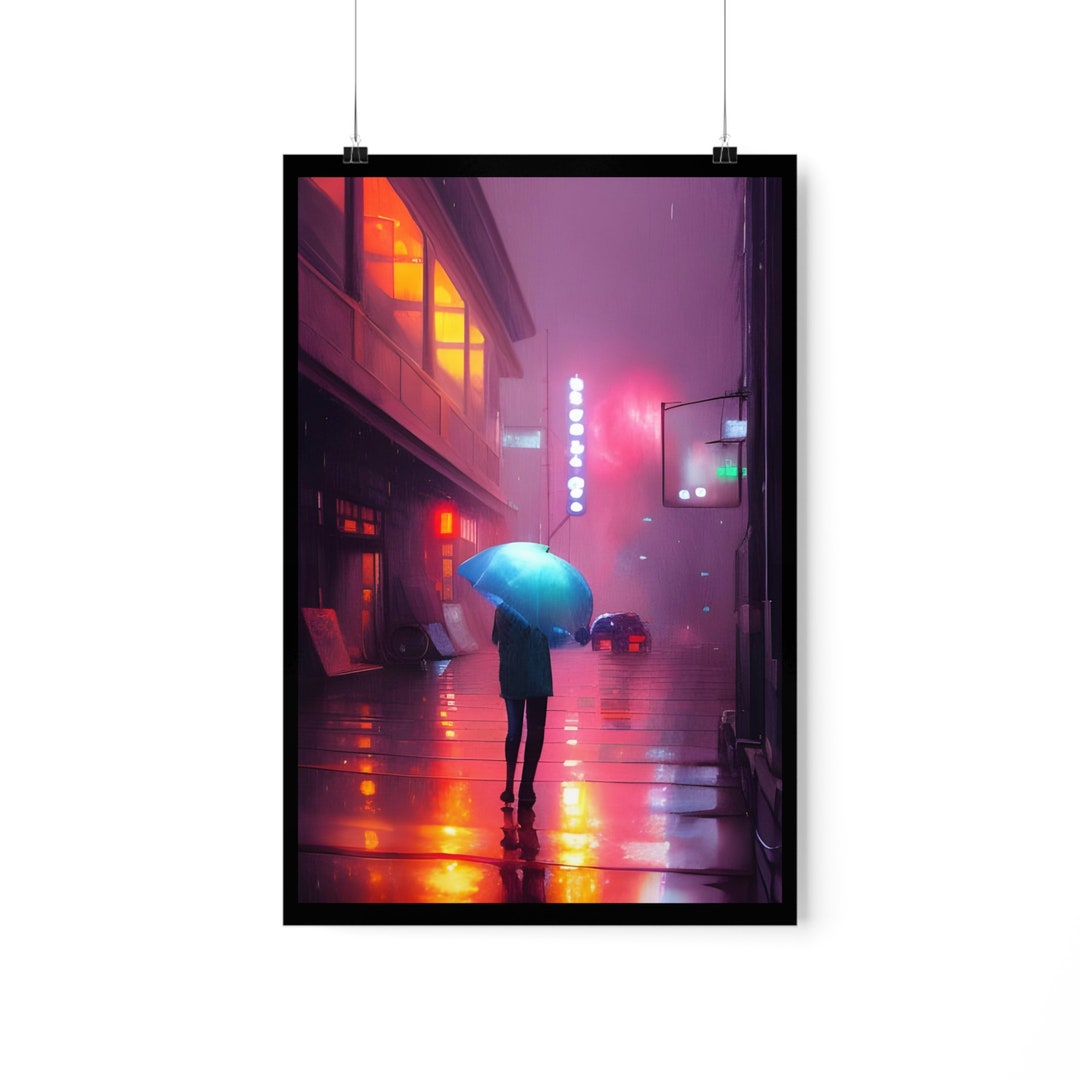 Lo-fi Vaporwave Art Print - Rainy Night - Neon Art Print 18x12" - Etsy