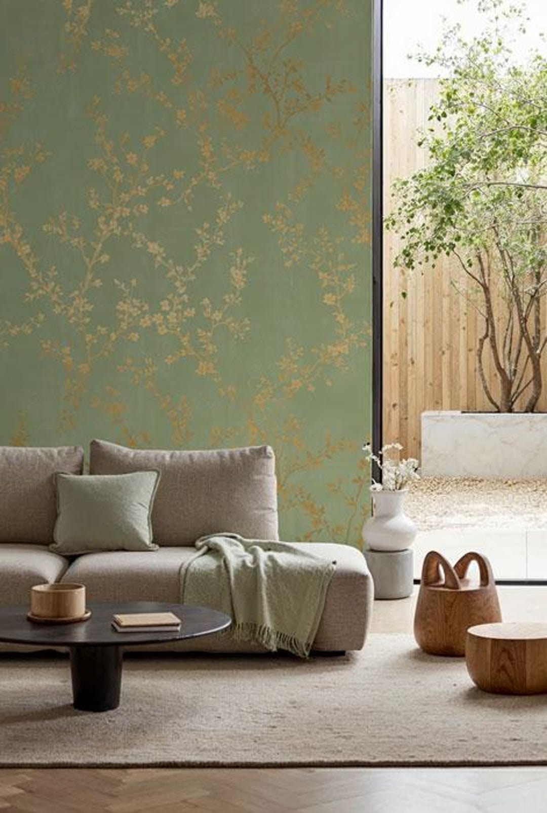 Green & Gold Metallic Cherry Blossom Wall Mural Hanami, Luxury ...