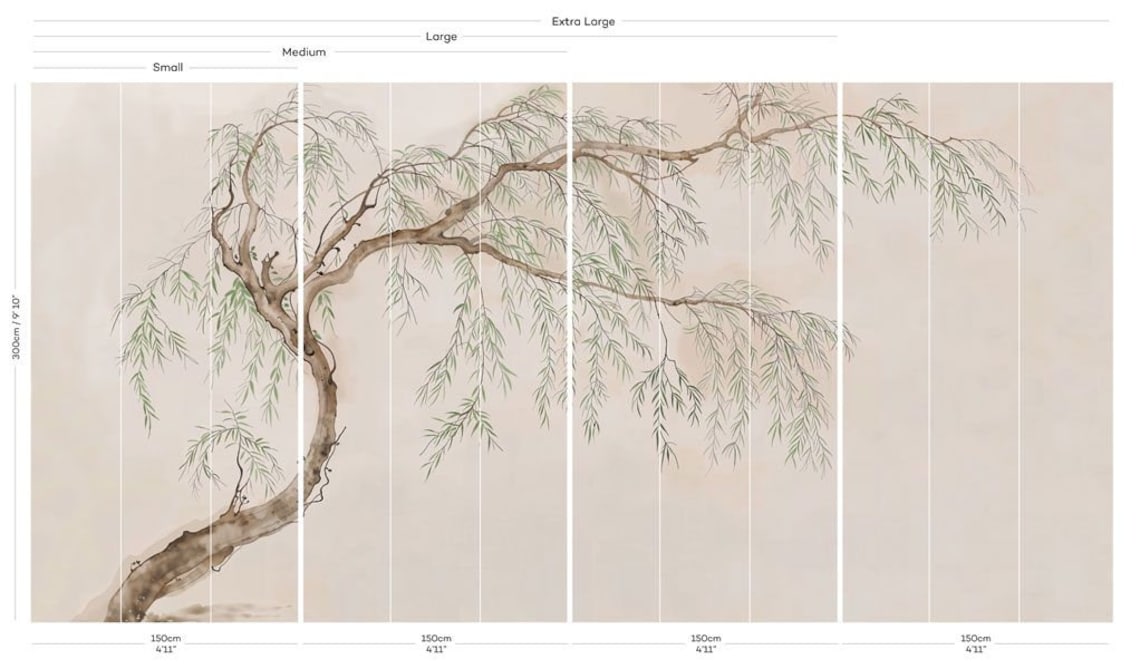 Green & Cream Japanese Willow Tree Wallpaper Mural, Removable Peel-and ...