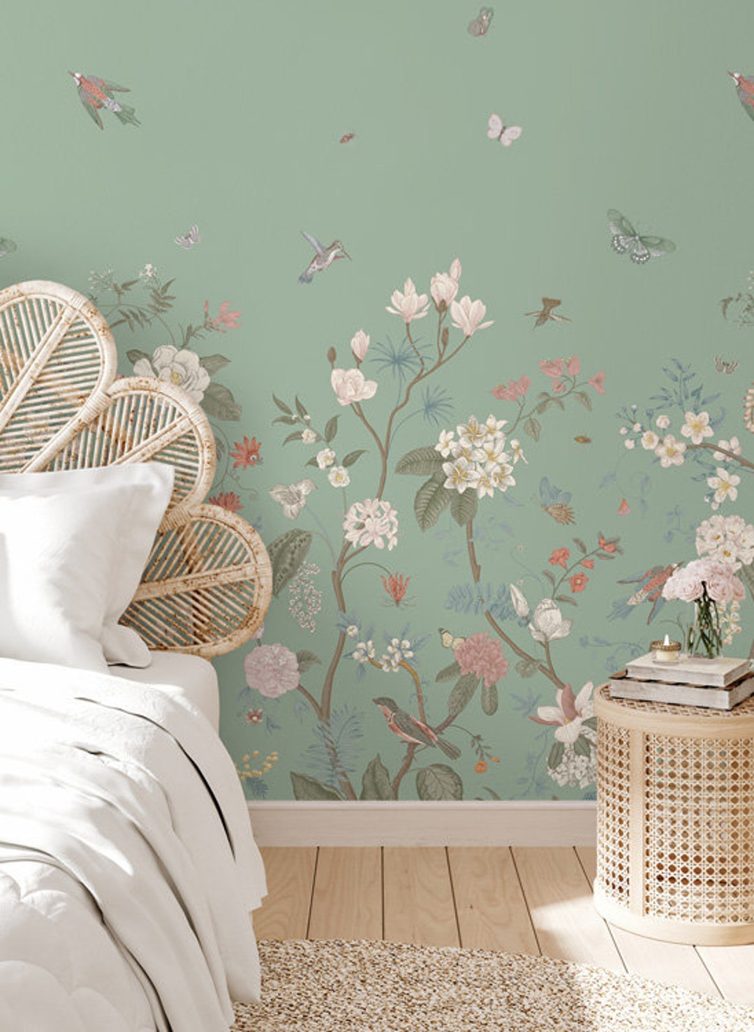 Butterfly Wallpaper, Mint Floral Wallpaper, Paste the Wall Mural ...