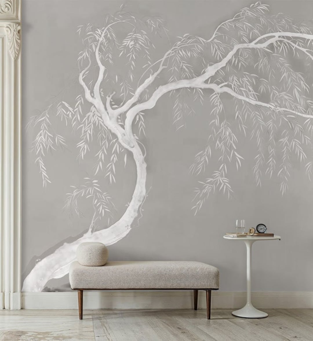 Grey & White Japanese Willow Tree Wallpaper Mural, Removable Peel-and ...