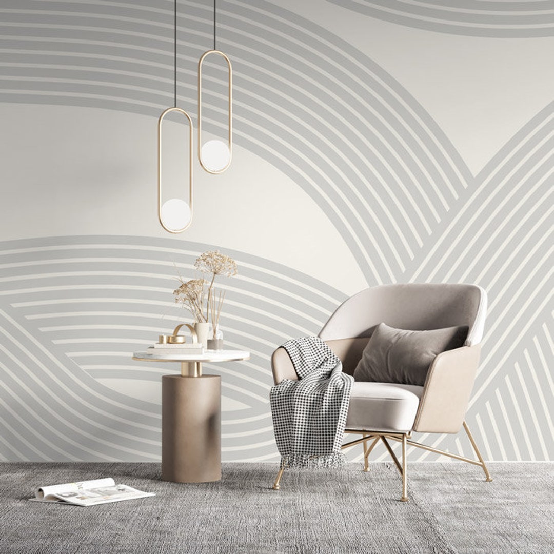 Grey & Cream Abstract Lines Wallpaper Mural, Paste the Wall, Removable ...