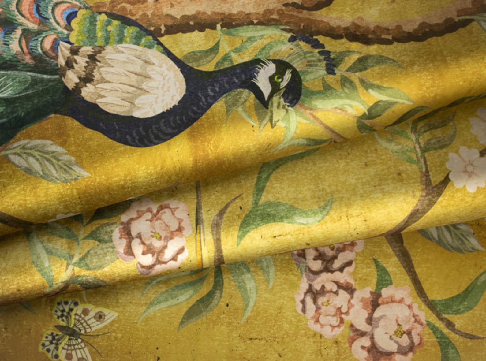 Chinoiserie Bird Curtain Fabric, Luxury Satin Fabric, Vintage Style ...