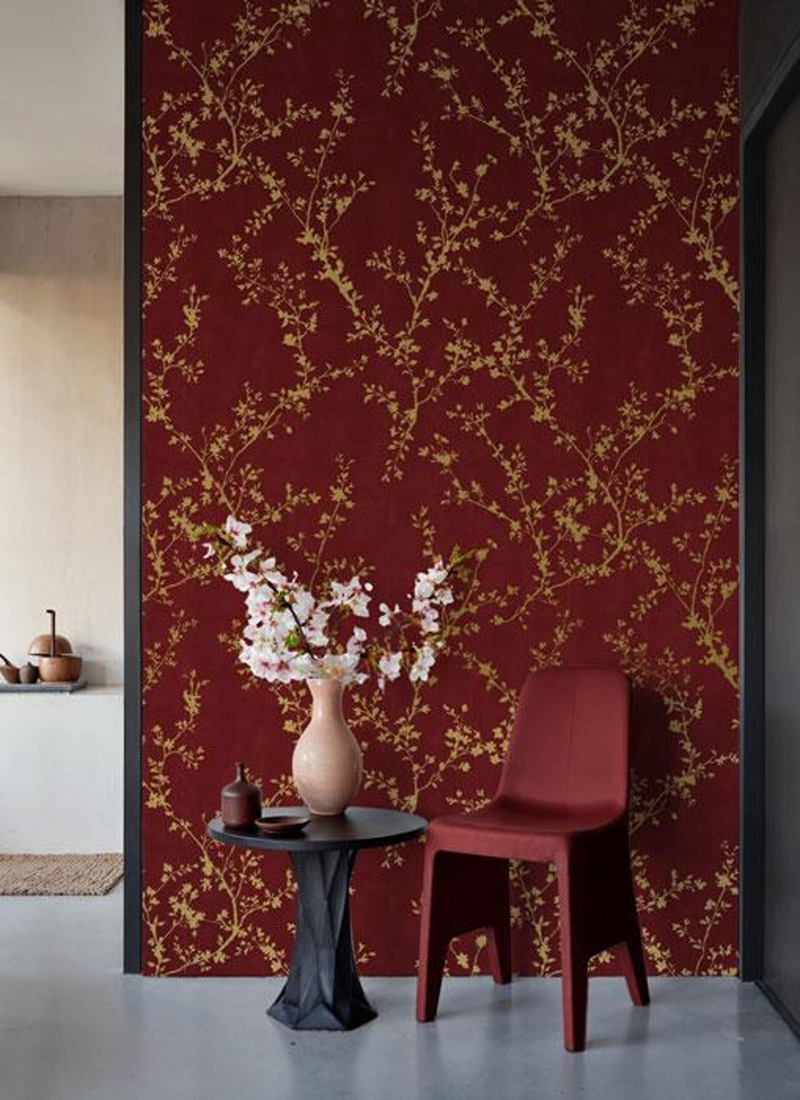 Red & Gold Metallic Cherry Blossom Wall Mural Hanami, Luxury Wallpaper ...