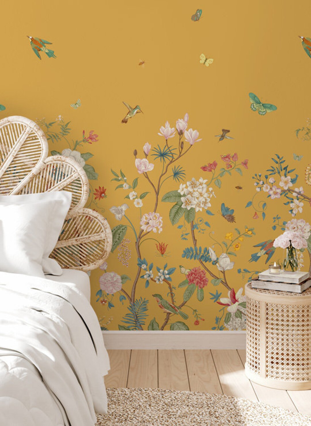 Butterfly Wallpaper, Yellow Floral Wallpaper, Paste the Wall Mural ...