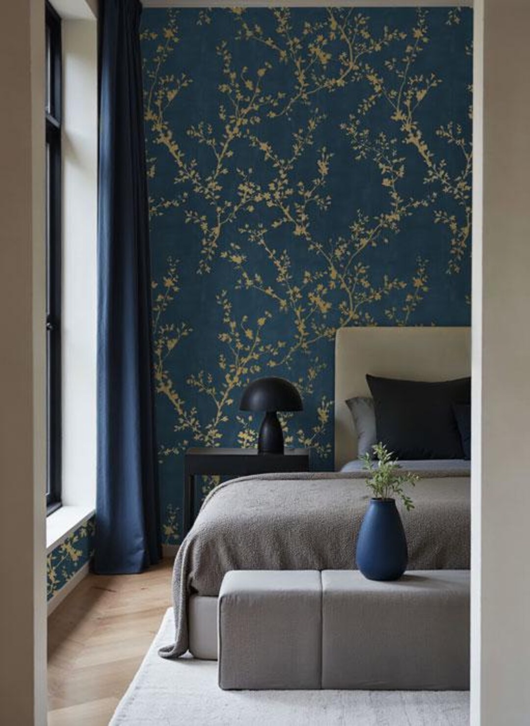 Blue & Gold Metallic Cherry Blossom Wall Mural Hanami, Luxury Wallpaper ...