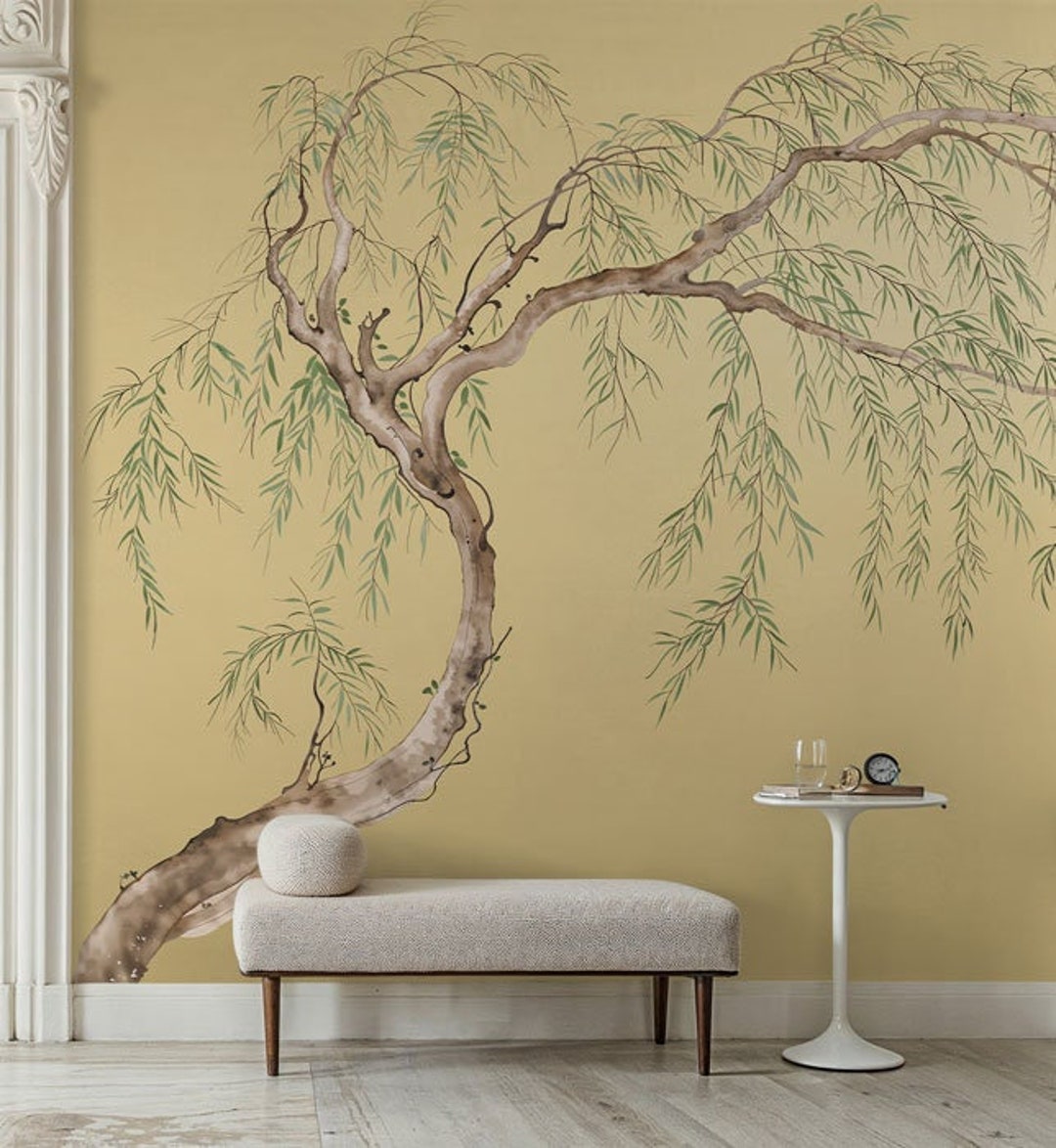 Gold Japanese Willow Tree Wallpaper Mural, Luxury Metallic Wall Mural ...