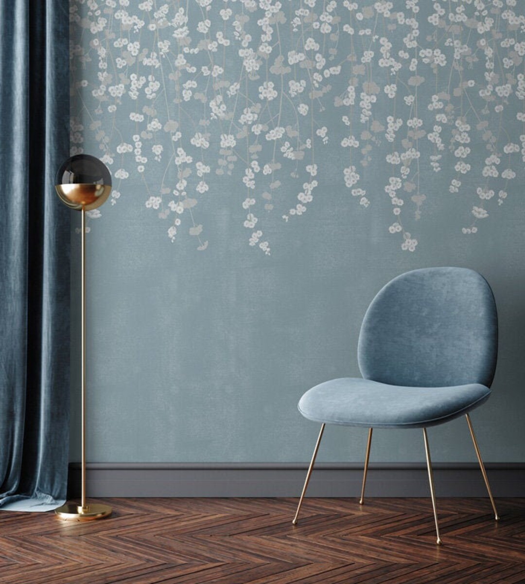 Cherry Blossom Wallpaper, Blue Chinoiserie Wallpaper, Floral Peel and ...