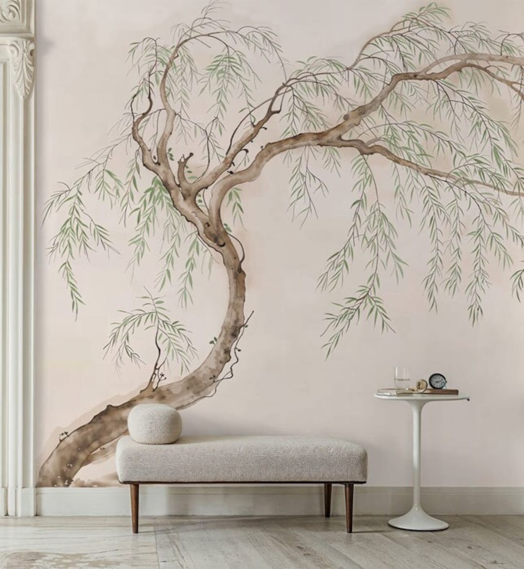 Green & Cream Japanese Willow Tree Wallpaper Mural, Removable Peel-and ...