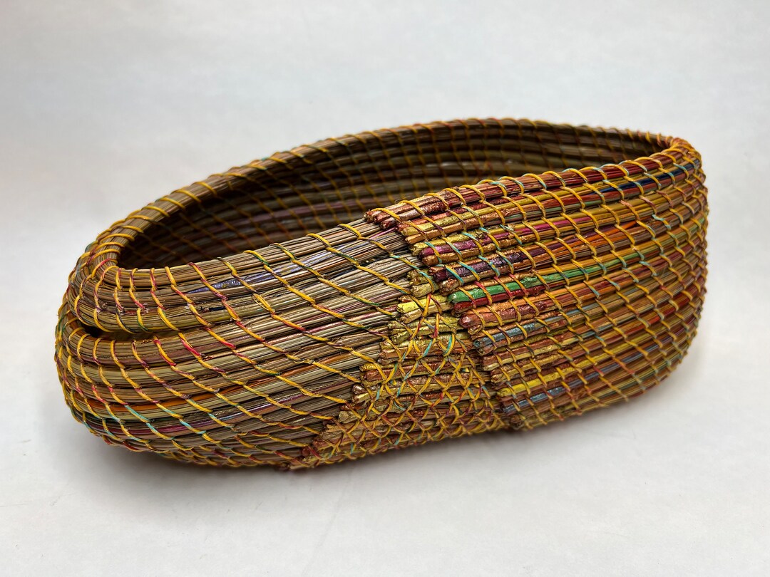 Yellow Oblong Pine Needle Basket With Diamond Stitch - Etsy