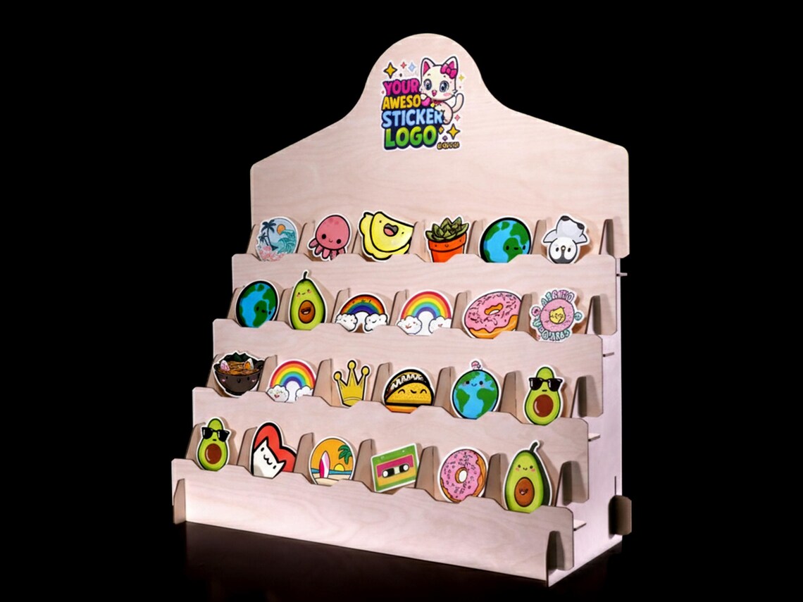 Sticker Display Stand - 4 Tier Wooden Countertop Rack, Sticker Board ...