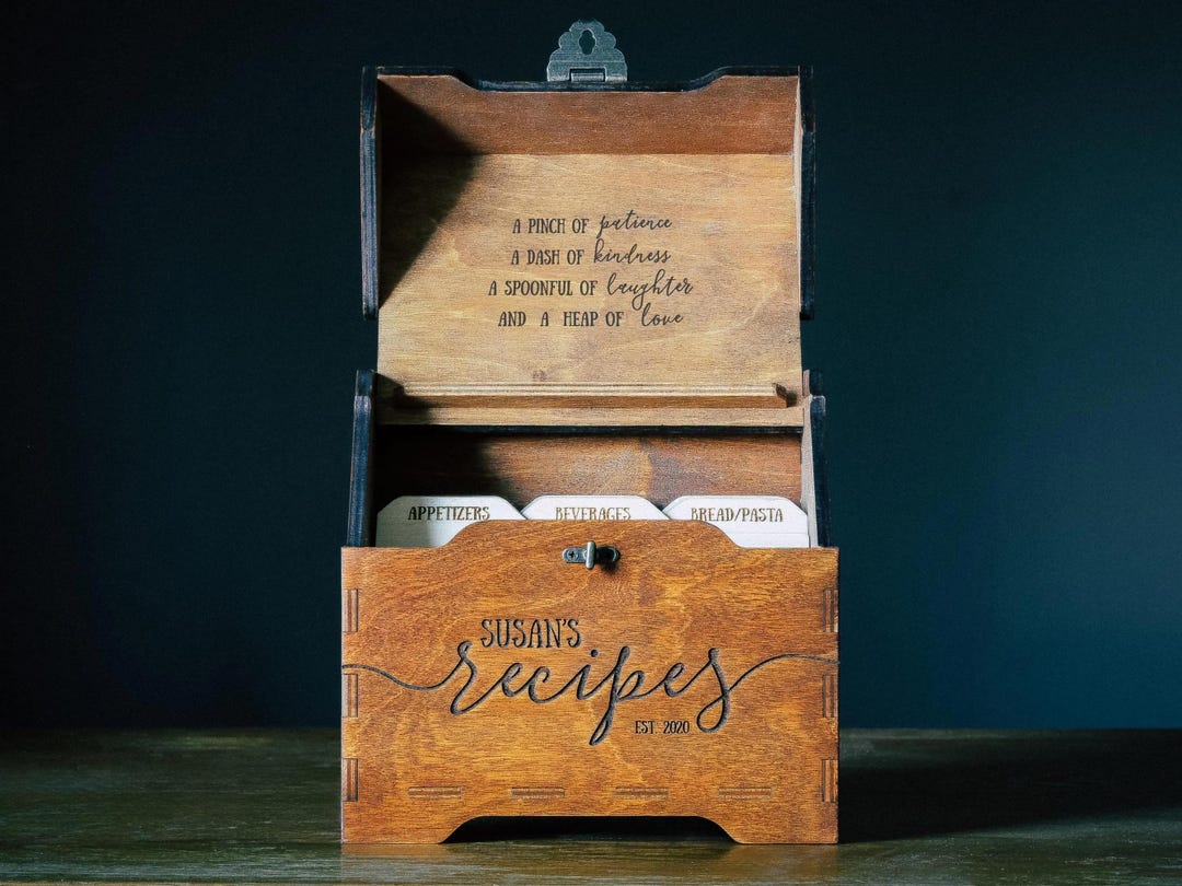 Wooden Personalized Recipe Box W/ 4x6 Recipe Card Dividers & Recipe ...