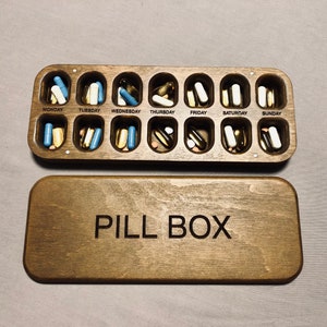 Pill Box Organizer - Wooden 7 Day Weekly Pill Case, Unique Medicine ...