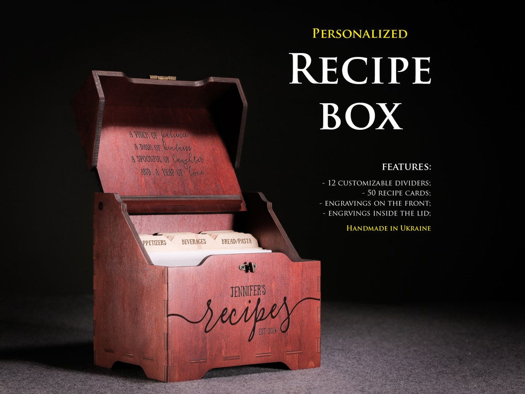 Red Recipe Box With Dividers, Personalized Recipe Card Box, Wood Custom ...