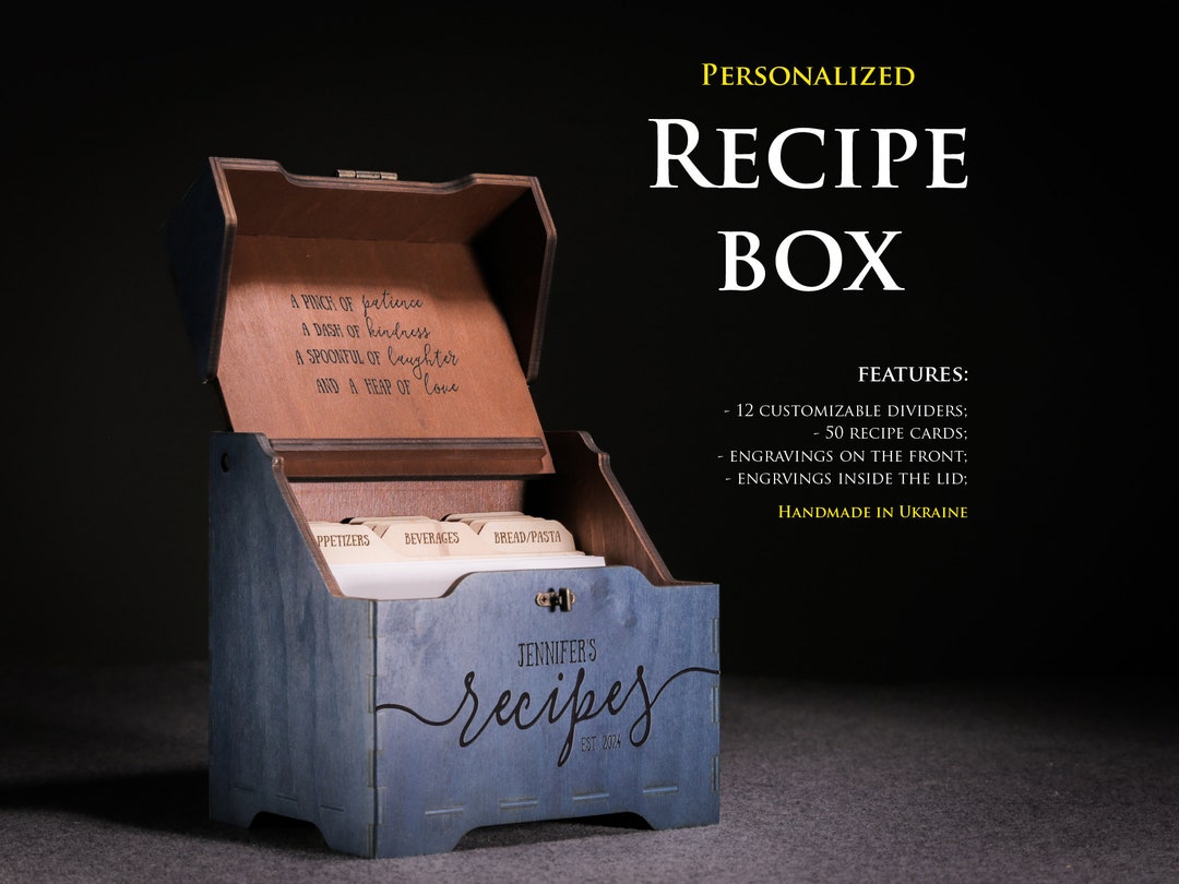 Blue Denim Recipe Box With 12 Wooden Dividers and 50 Cards 4x6 ...