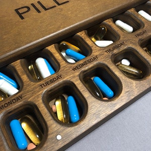 Pill Box Organizer - Wooden 7 Day Weekly Pill Case, Unique Medicine ...