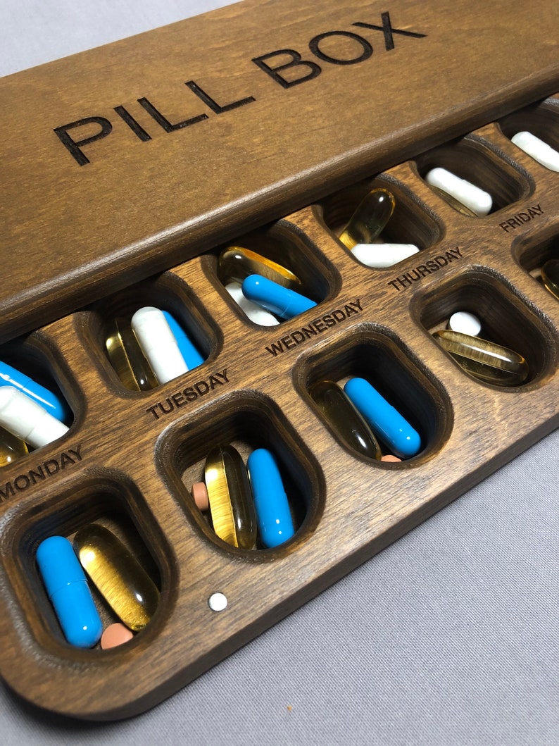 Pill Box Organizer - Wooden 7 Day Weekly Pill Case, Unique Medicine ...